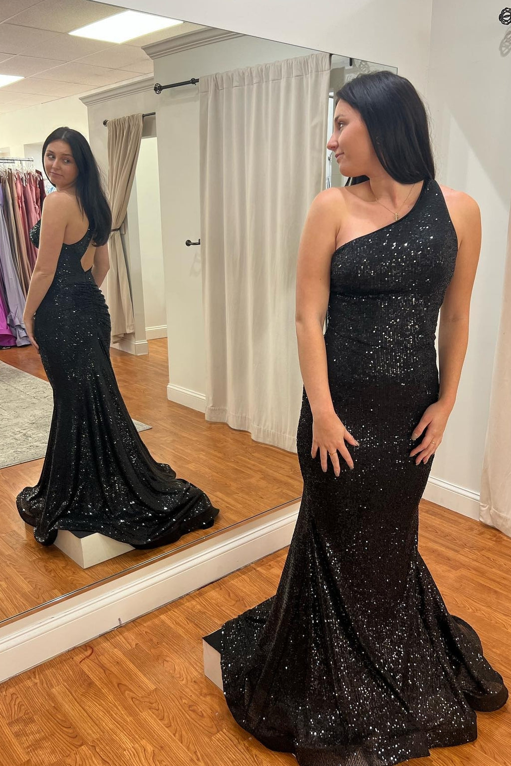 Black Sequin One Shoulder Mermaid Long Formal Dress – Dressesforparty