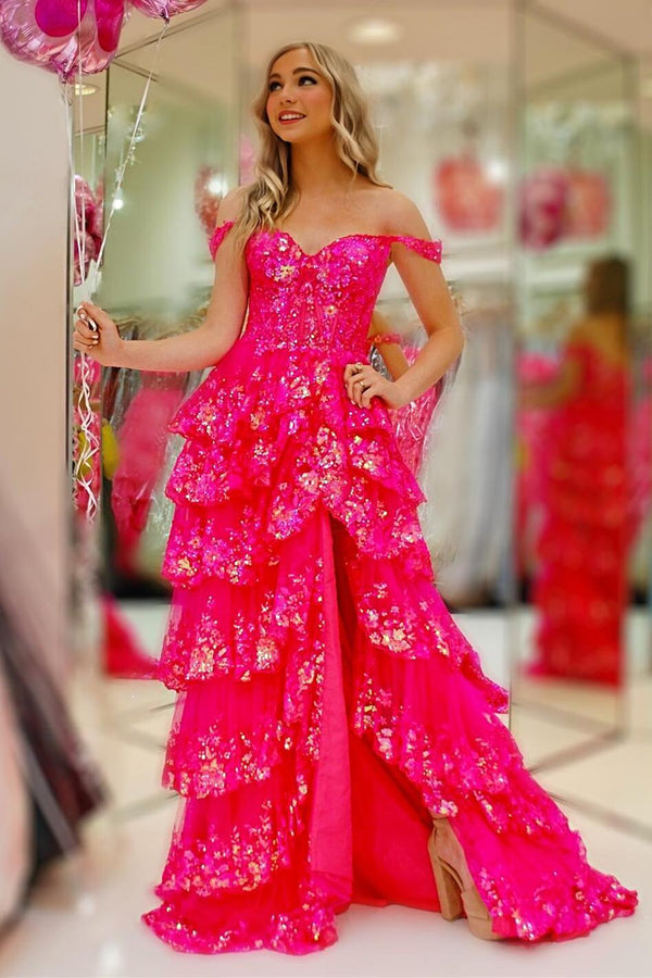 Fuchsia Sequin Tiered Ruffle A-line Long Dress – Dressesforparty