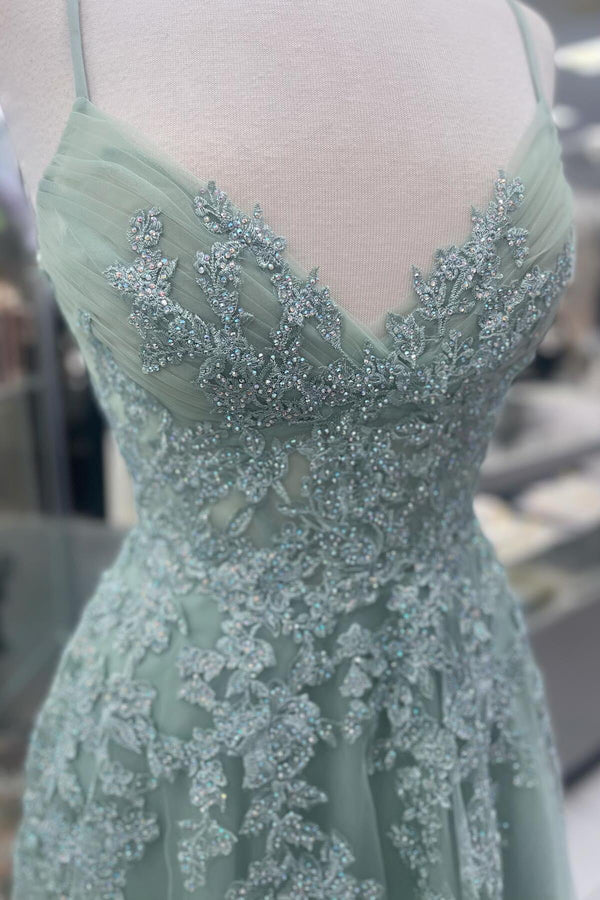Straps Sage Green Appliques Tulle Long Formal Dress – Dressesforparty