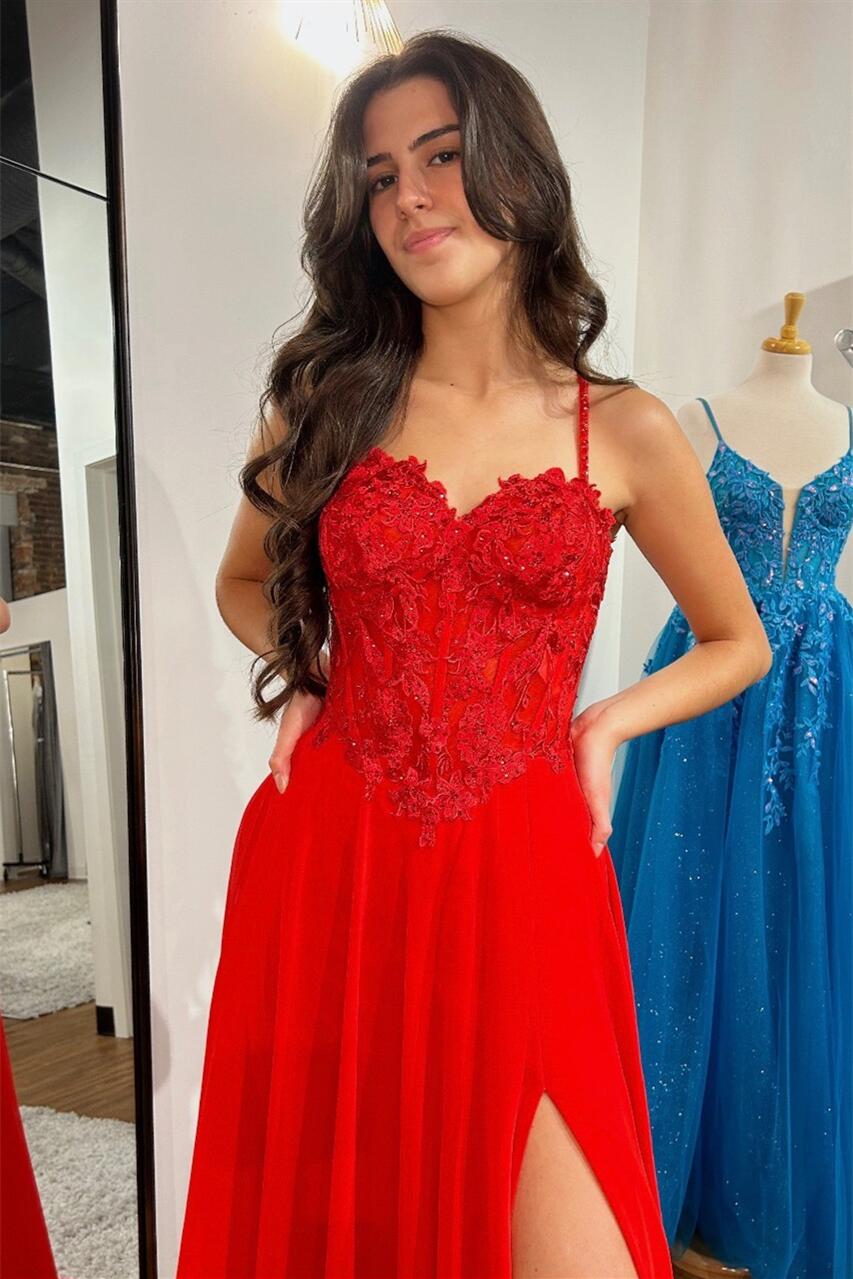 Straps Red Lace and Chiffon Long Prom Dress – Dressesforparty