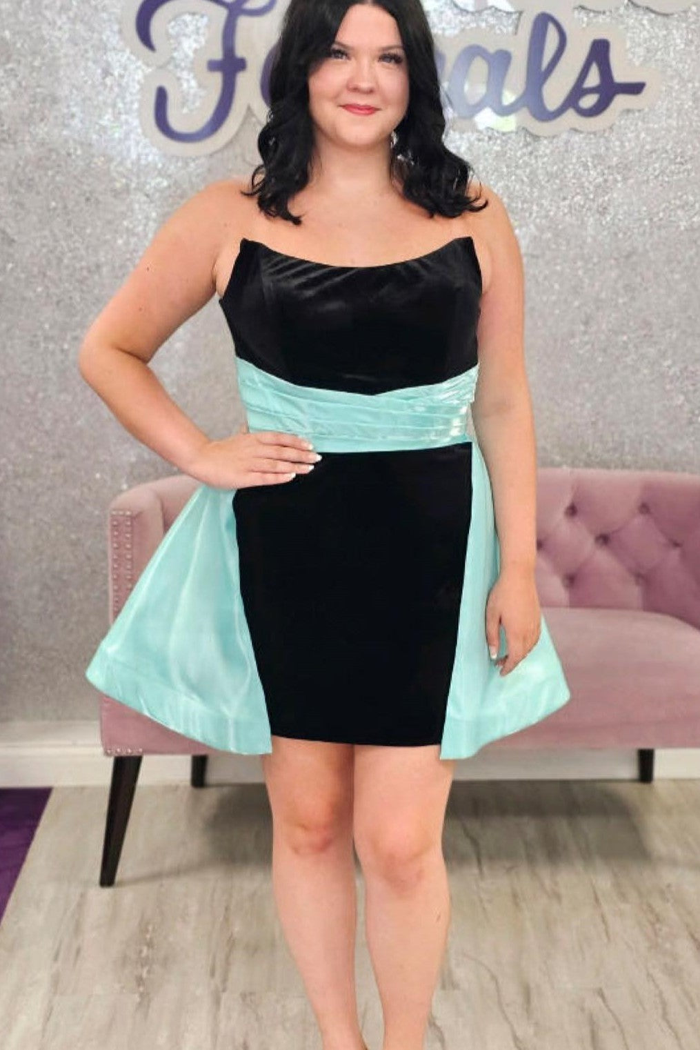 Strapless Black Tight Mini Dress with Mint Green Train – Dressesforparty