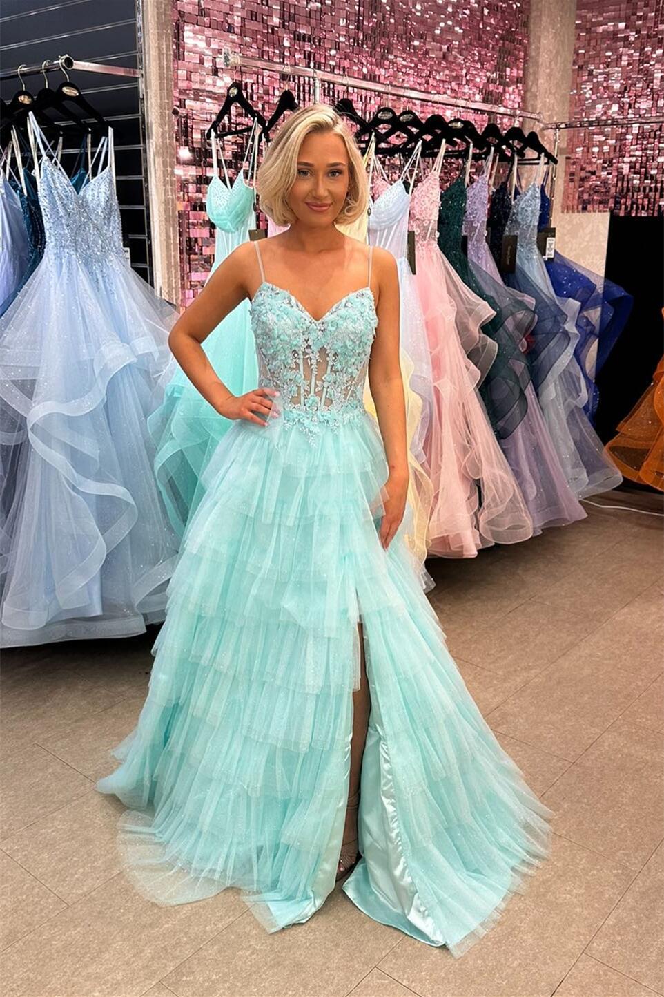 Straps Mint Green Tiered Ruffle Prom Dress – Dressesforparty