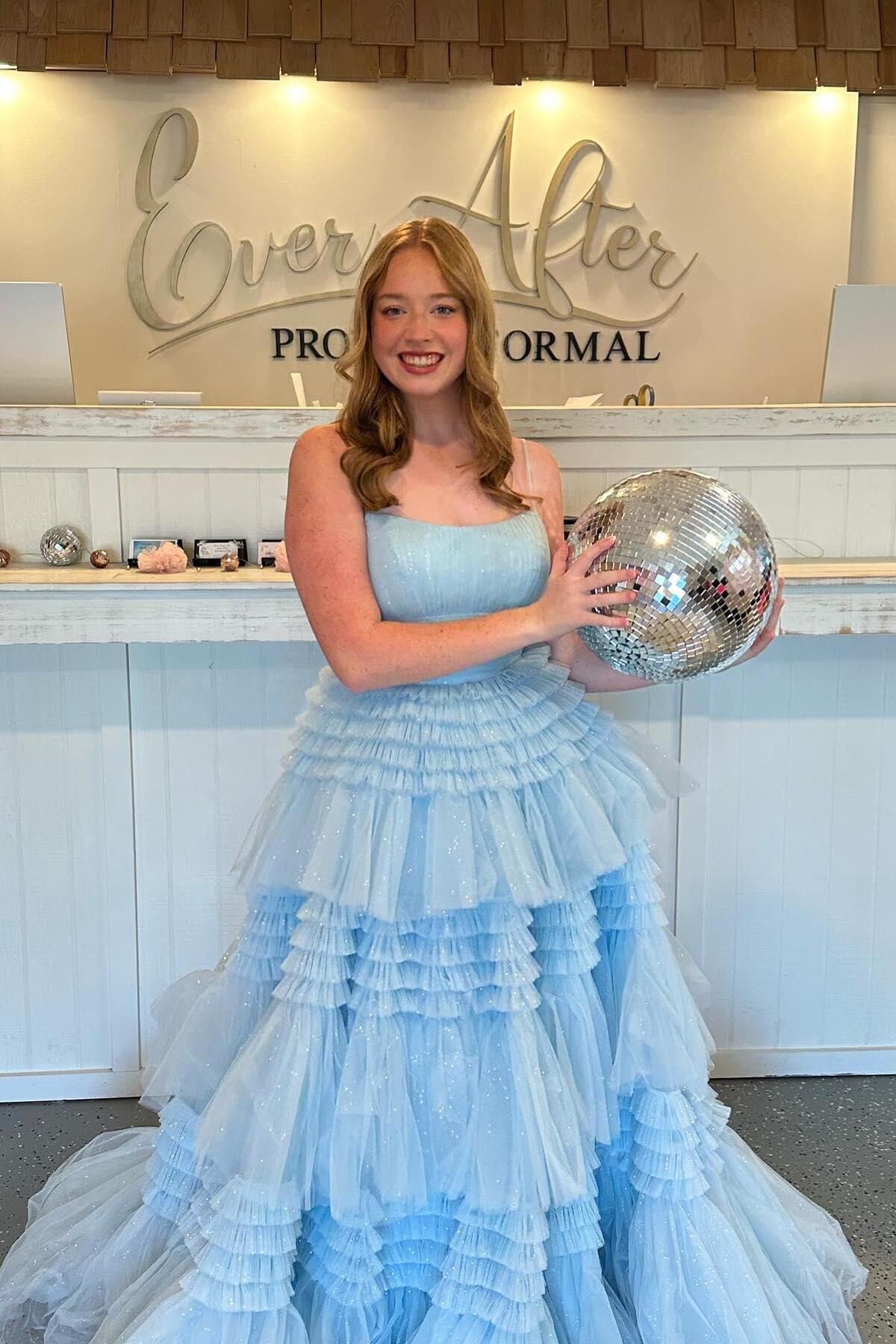 Straps Light Blue Tulle Ruffles A-line Formal Gown – Dressesforparty