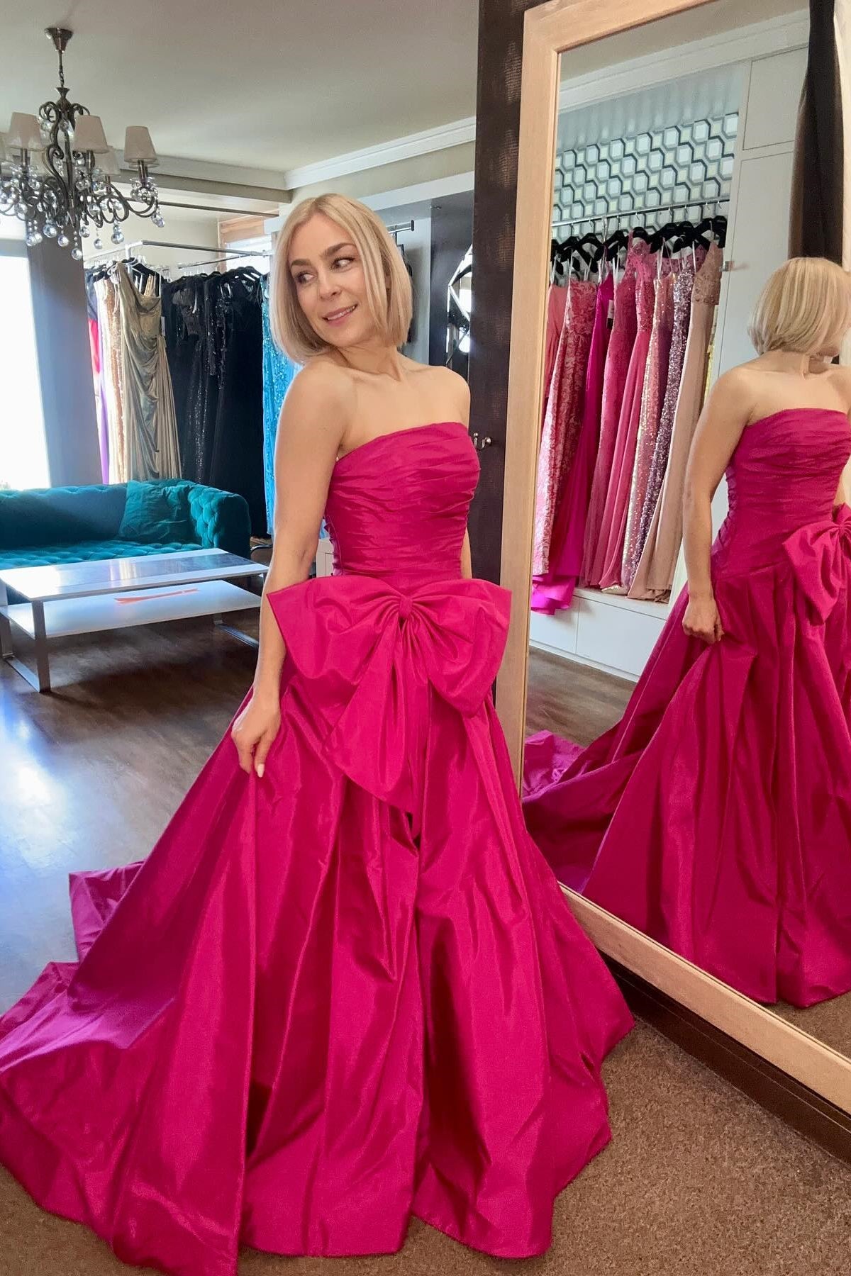 Strapless Fuchsia Ruched Satin Long Prom Dress with Bow – Dressesforparty
