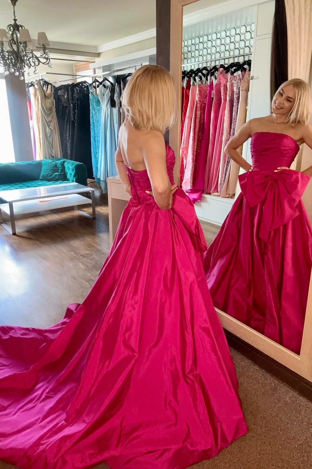 Strapless Fuchsia Ruched Satin Long Prom Dress with Bow – Dressesforparty