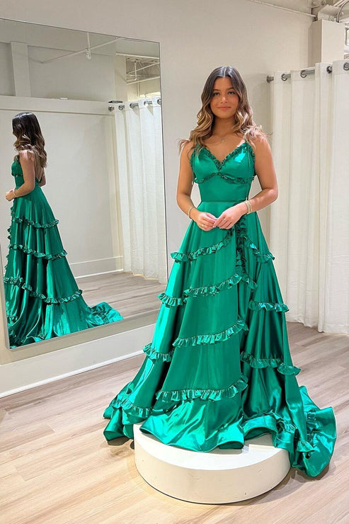 Straps Green Ruffles V neck Long Prom Dress – Dressesforparty