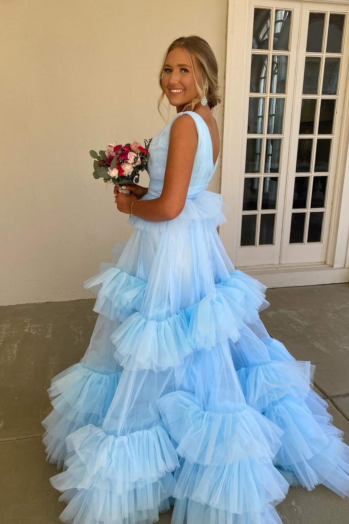 Light Blue V Neck Ruffles A-line Long Gown – Dressesforparty