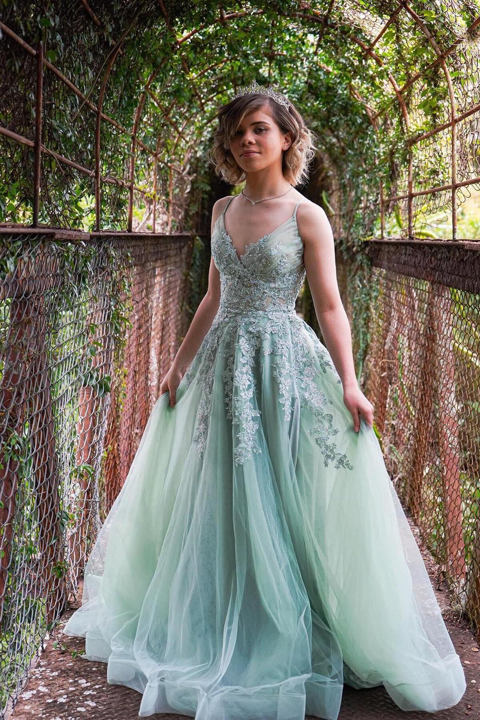 Straps Sage Green Appliques Tulle Long Formal Dress – Dressesforparty