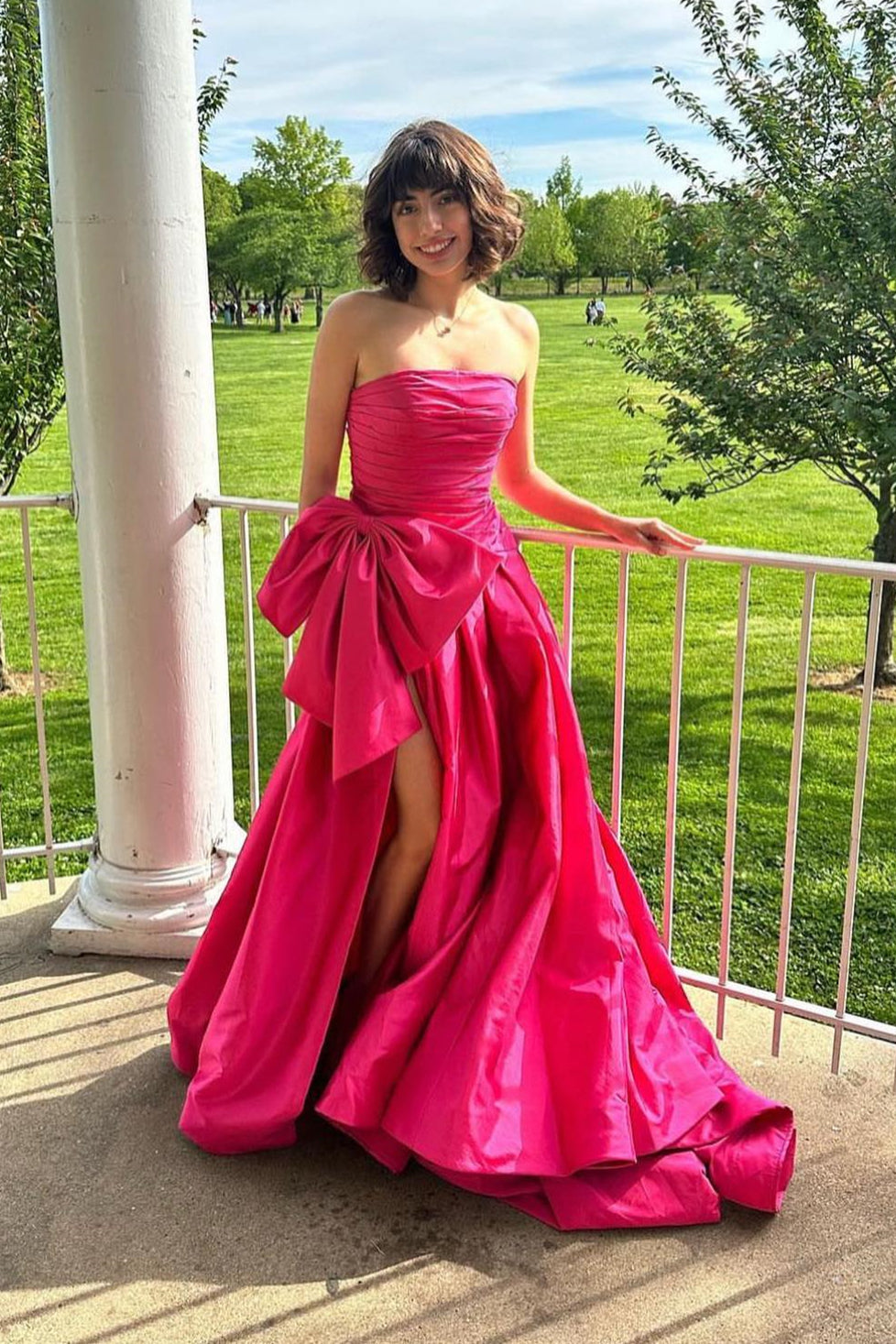 Strapless Fuchsia Ruched Satin Long Prom Dress with Bow – Dressesforparty