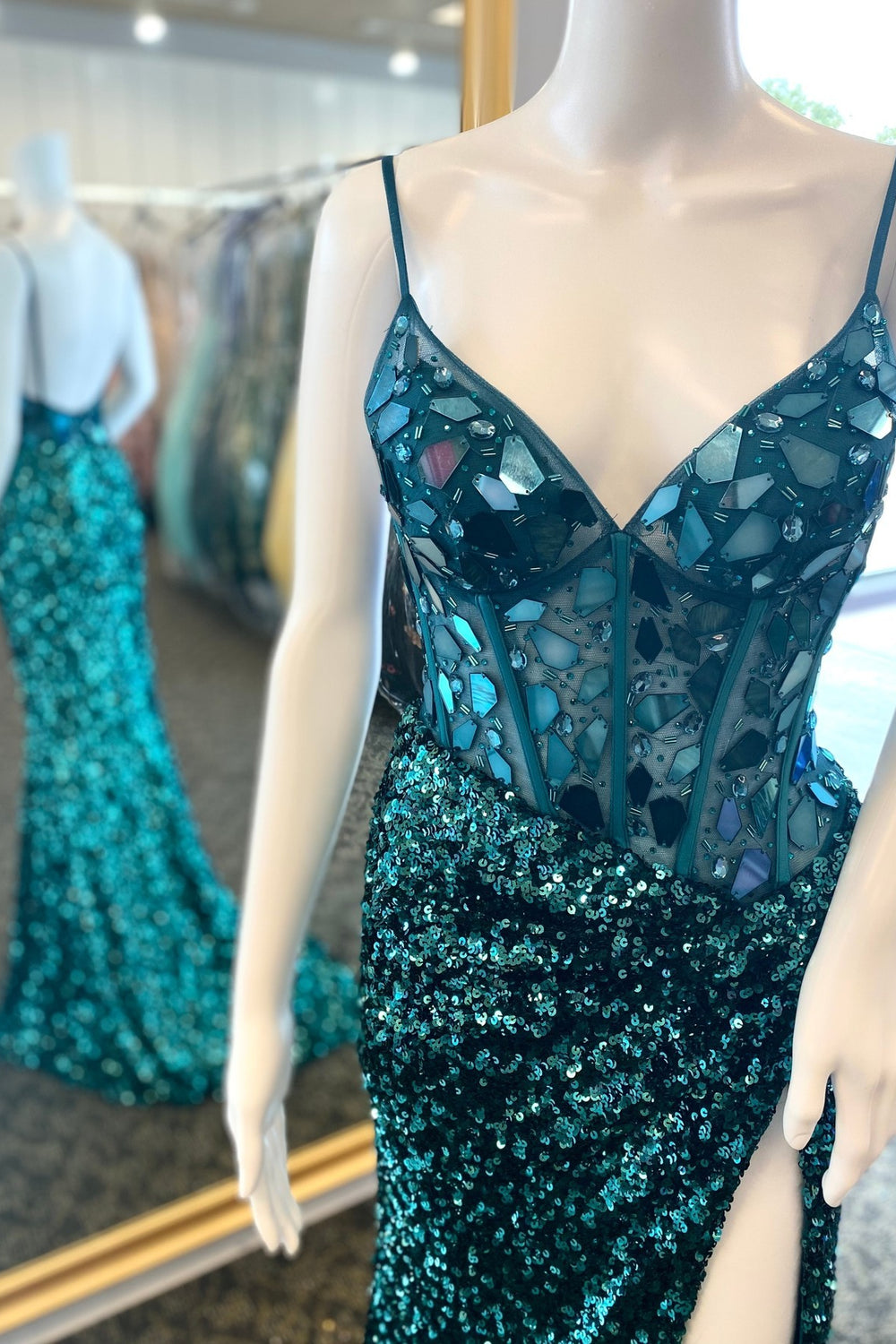 Straps Turquoise Mirror Glass Sequin Mermamid Formal Dress ...
