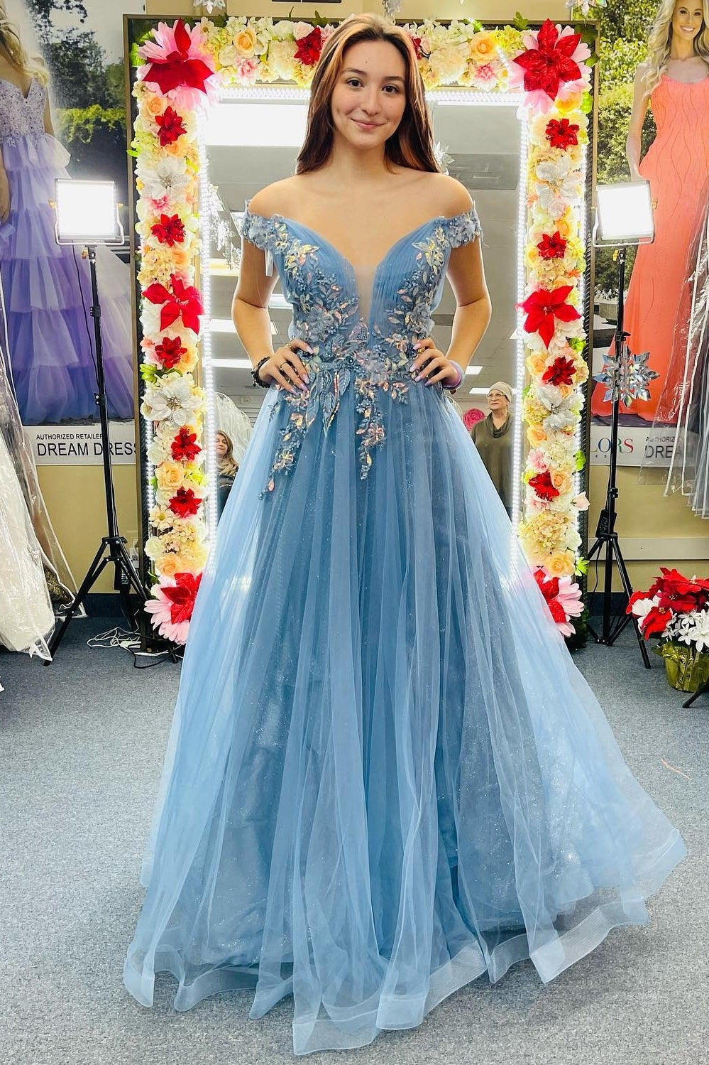 Off the Shoulder Blue Floral Appliques A-line Long Formal Dress ...