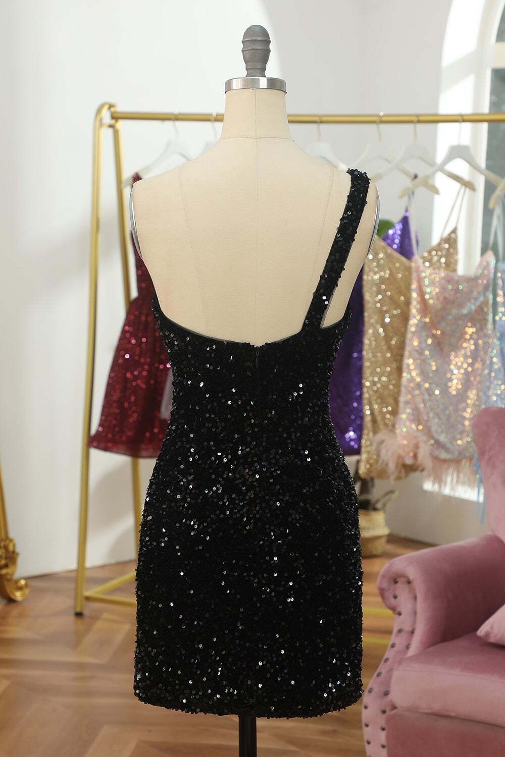 Black Sequin One Shoulder Bodycon Mini Party Dress Dressesforparty