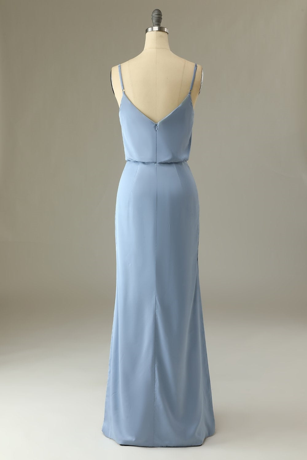 Misty Blue Spaghetti Straps Chiffon Long Bridesmaid Dress