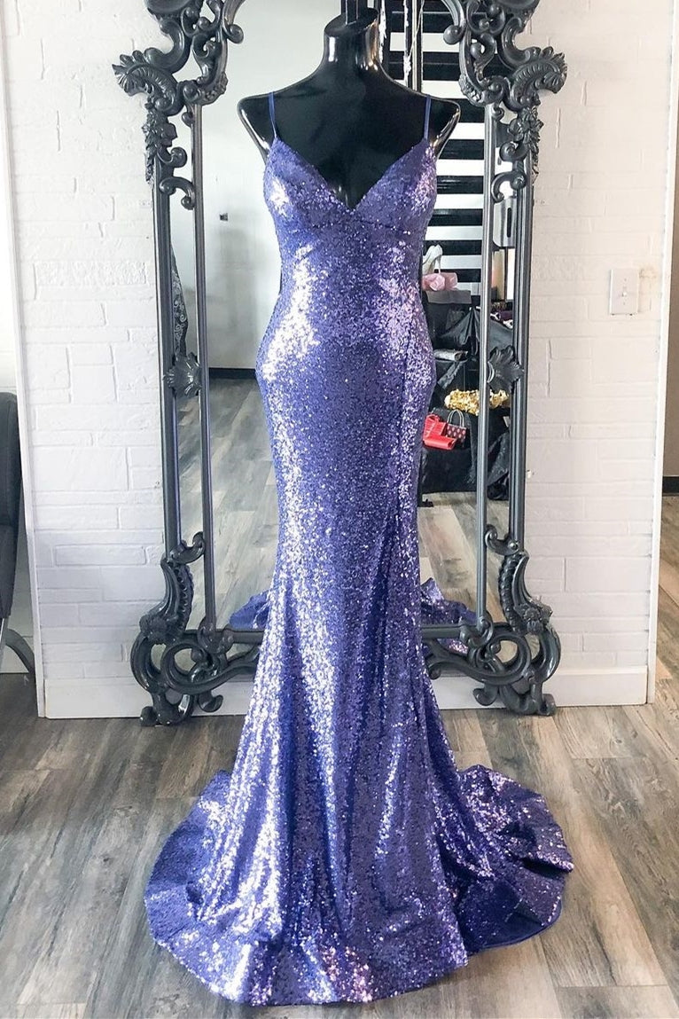 Stunning Purple Sequins Mermaid Backless Long Formal Dress ...