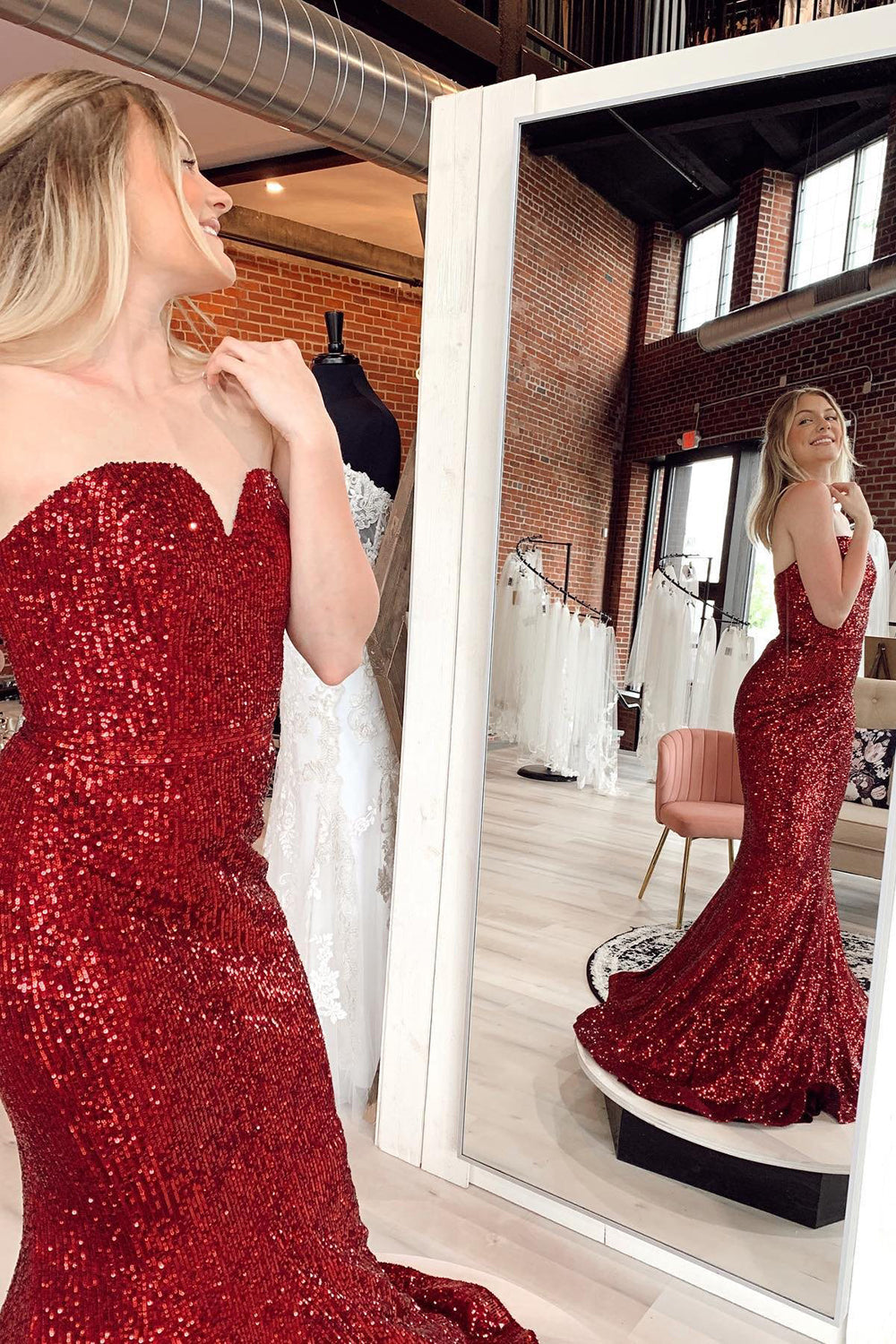Red Sequin Strapless Mermaid Long Prom Dress – Dressesforparty